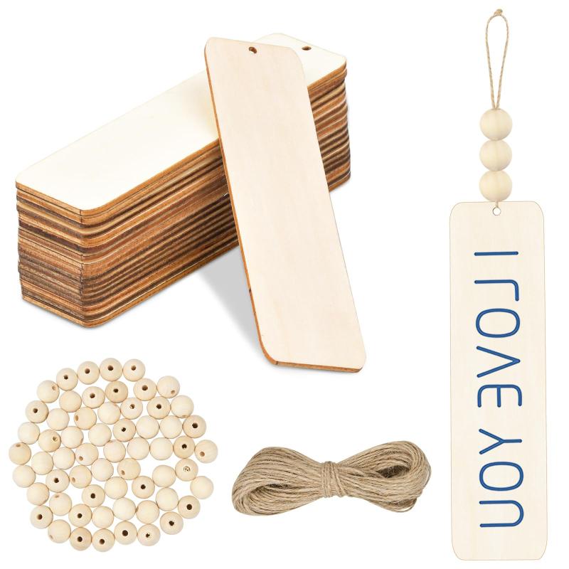 36セット 木製ブックマーク, 未完成の木のしおり、木製の空白のしおり手作り ブックマーク 空白の木材ブックマーク 吊り下げタグ ジュートロープ木製ビーズ付き木製しおり タッセルしお【パッケージ内容】木製ブックマーク36個、ロールロープ1本...
