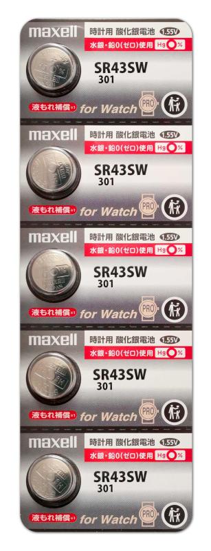 5個 マクセル maxell ボタン電池 1.55V 時計 酸化銀電池 SR43SW 301製造：maxell マクセル電池の個数：5個品番：SR43SWモデルナンバー：301電圧：1.55Vサイズ：直径11.6mm/高さ4.2mm/質量1...