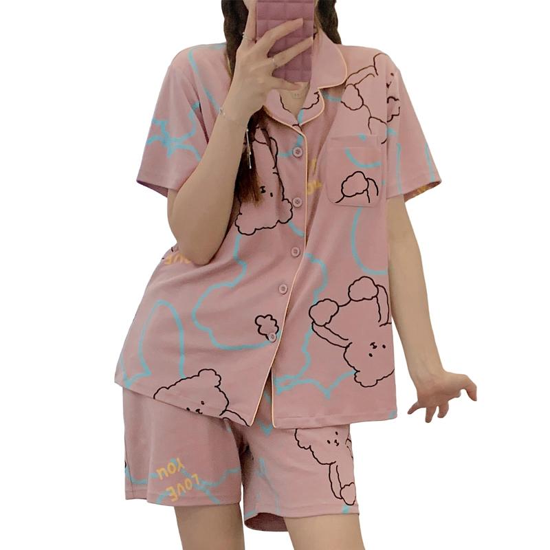 [PHOLEEY] パジャマ レディース 夏 ルームウェア 半袖 短パンツ 部屋着 上下セット 前開きパジャマ 可愛い 綿100 快適 通気性 肌に優しい 胸パッド付き