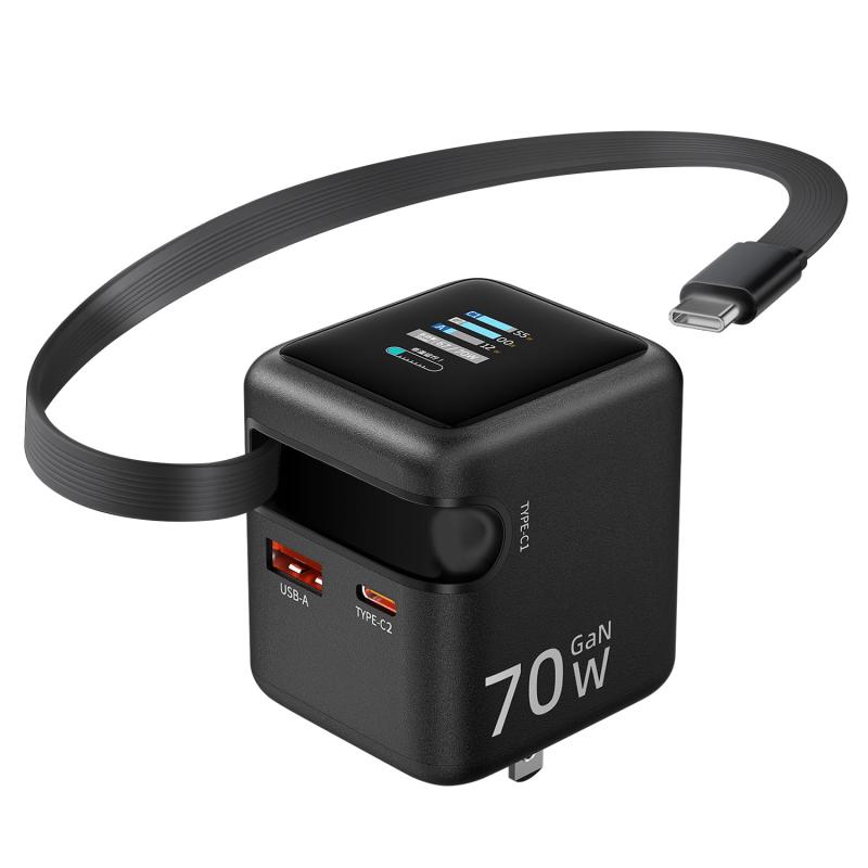 70W 充電器 巻き取り式 pd 充電器「単ポートPD70W・ LCDディスプレイ搭載 ・Type-C ケーブル内蔵」3台充電可能 USB-C＆USB-A 折畳式プラグ PSE認証 iPhone17/16/iPad/Galaxy/Switc...