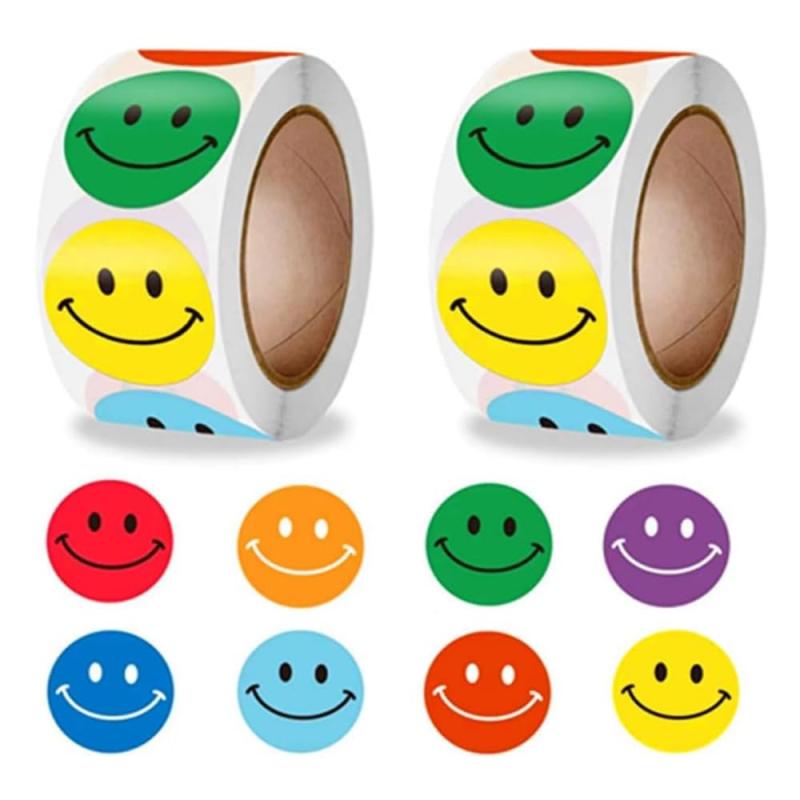 WIKEXINGLONGER スマイルステッカ スマイル 笑顔ステッカニコニコ表情円形シル 粘着紙 表情円形シール ハッピーフェイスステッカー ミニ励ましステッカ子供 2ロール1000枚包装：25mm円形ハッピー笑顔シール1巻、1000枚。...