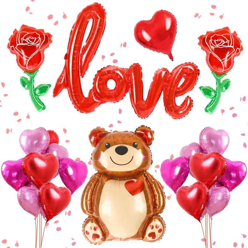 JANLOFO バレンタイン 飾り バルーン 19点セット バルーン ハート 風船 バレンタイン バルーン ハート アルミ風船 結婚式 写真撮影 インテリア 記念日 デコレーション 店舗装飾セット内容：ハートバルーン×15個(3色)、Lov...