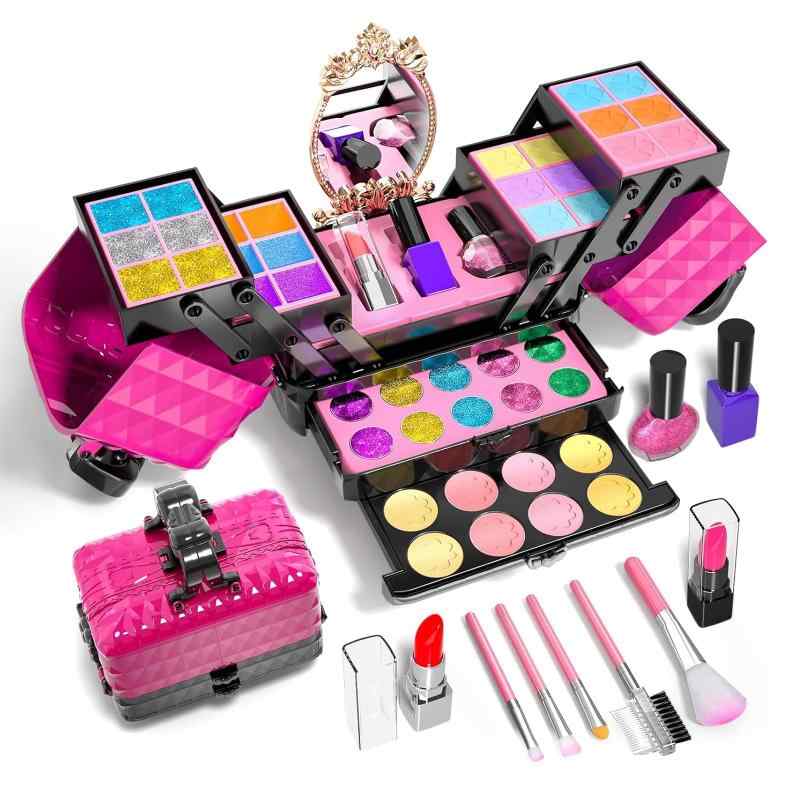 Opard メイクセット女の子 52点、水で落ちるお化粧セット ブラック×ピンク キッズコスメ 女の子プレゼント 子供用メイク アイシャドウ、ネイルポリッシュ、リップ、チーク、メイクブラ【豪華52点入りメイクセット 女の子】おしゃれが大好き...