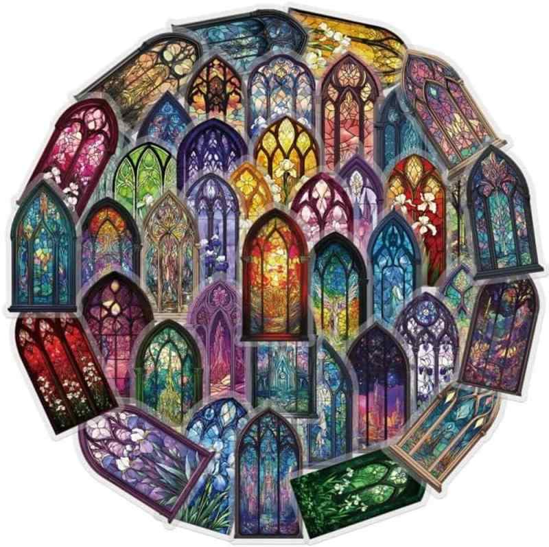 透明で防水性のあるステンドグラス風宗教アート スクラップブックステッカー 50枚、カラフルなゴシック様式の窓をモチーフにしたキリスト教風デカール 日記帳、聖書、アートプロジェクゴシック様式のステンドグラス風窓デザイン：このセットには、宗教的...