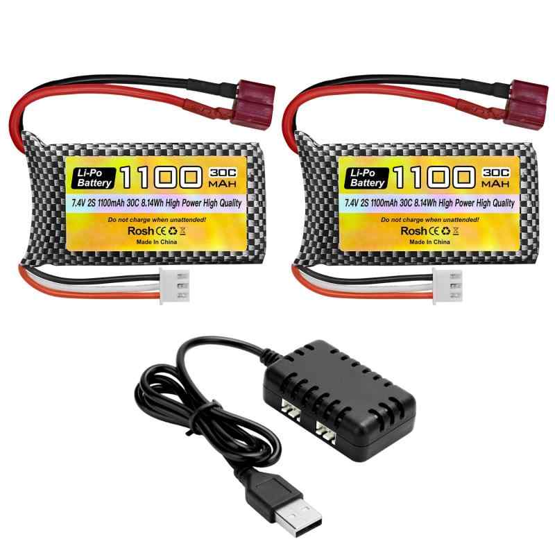2PCS 7.4V 1100mAh 2S Lipo 電池バンドTプラグとUSB充電ケーブル用のHaiboxing 18858 18859 18859A 16890A和XLH Q903 Q903 HM163 RC リモコン車リモコン船リモコン...