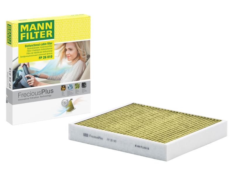 マンフィルター(MANN FILTER) フレシャスプラス FP26010車内の脱臭、PM2.5、花粉を防ぐエアコンフィルターは3グレードの品番展開、CU:除塵、CUK:除塵+脱臭、FP:除塵+脱臭+抗菌+抗カビ+抗ウィルス+抗アレル
