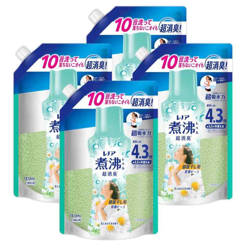 レノア 煮沸レベル消臭 抗菌ビーズ 部屋干し 花とおひさまの香り 詰め替え 1,810mL×4袋 [大容量] [ケース品] 柔軟剤と一緒に使って効果長続き抗菌ビーズは、衣類の消臭専用のお洗濯ビーズ。いつもの洗剤や柔軟剤に加えるだけで、しみつ...