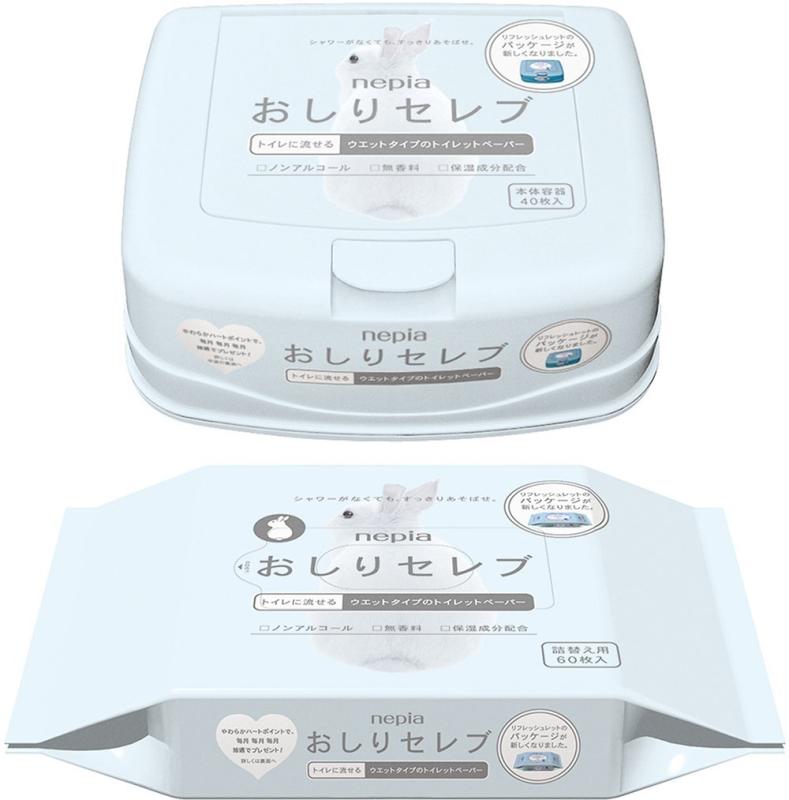 ネピア おしりセレブ ウエットタイプのトイレットペーパー 本体 40枚入 + 詰替え 60枚入商品サイズ (幅×奥行×高さ) :162mm×237mm×63mm原産国:日本内容量:本体 40枚入 + 詰替え 60枚
