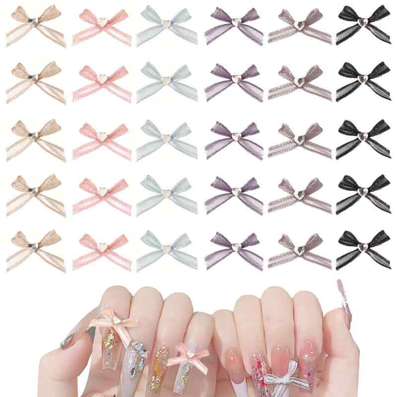 PAVIKE ネイルパーツ リボン ネイルデコパーツ 30個セット 3D 立体 蝶結び ネイルパーツ ハート パーツ 可愛い ジェルネイルパーツ DIY手作り 絶妙な贈り物（6色 約13x19mm）【パッケージ内容:】ネイルパーツ リボン ...