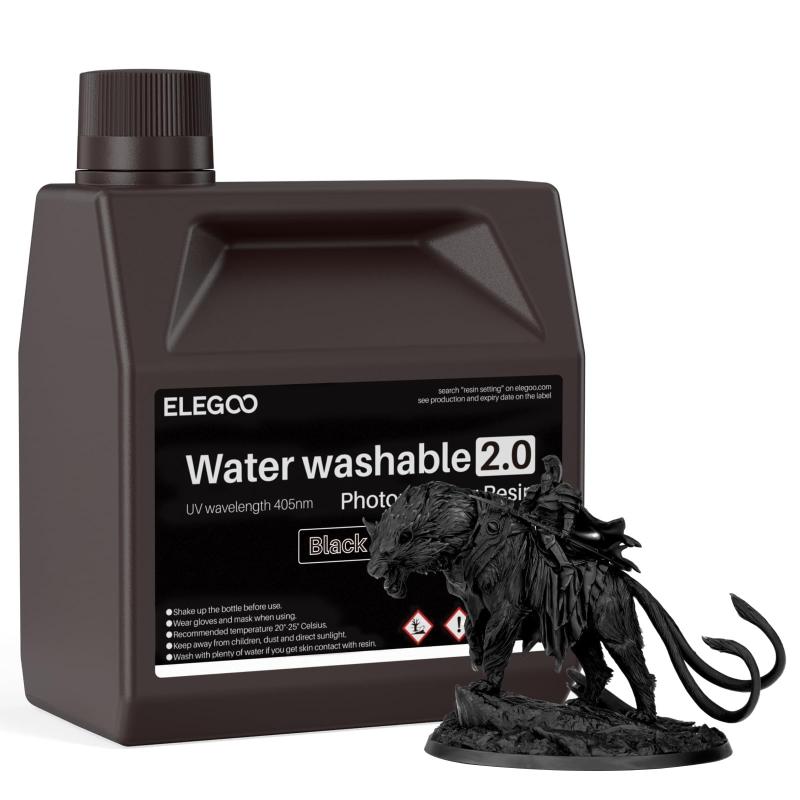ELEGOO 水洗い可能レジン2.0 光造形3Dプリンターレジン 2000g 低収縮 高精度 高耐久性 LCD/DLP/SLA樹脂プリンター用高速硬化フォトポリマー樹脂 395-405nm UV硬化3Dレジン ブラック【洗浄が簡単で臭いのな...