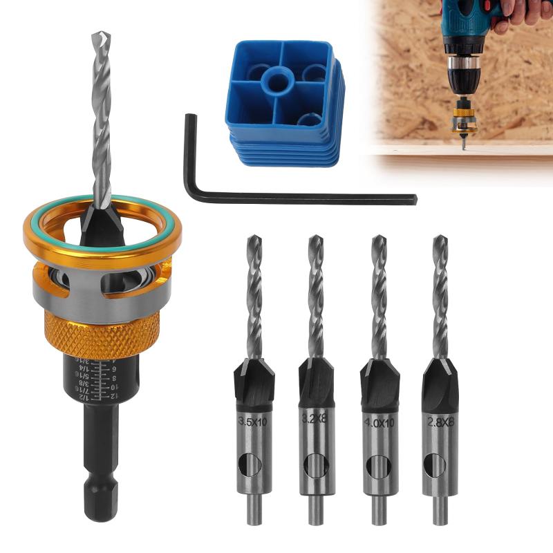 皿取り錐ドリル ビット 埋木錐 4本セット 下穴・皿取錐 レンチ付き 六角軸 高速度鋼製 木工用ドリルビット 穴あけトリマー 面取りカッター バリ取り セット 木/竹/硬質ゴムなどの穴開け Coun【皿取部の深さ調整可能】ドリルストップの位...