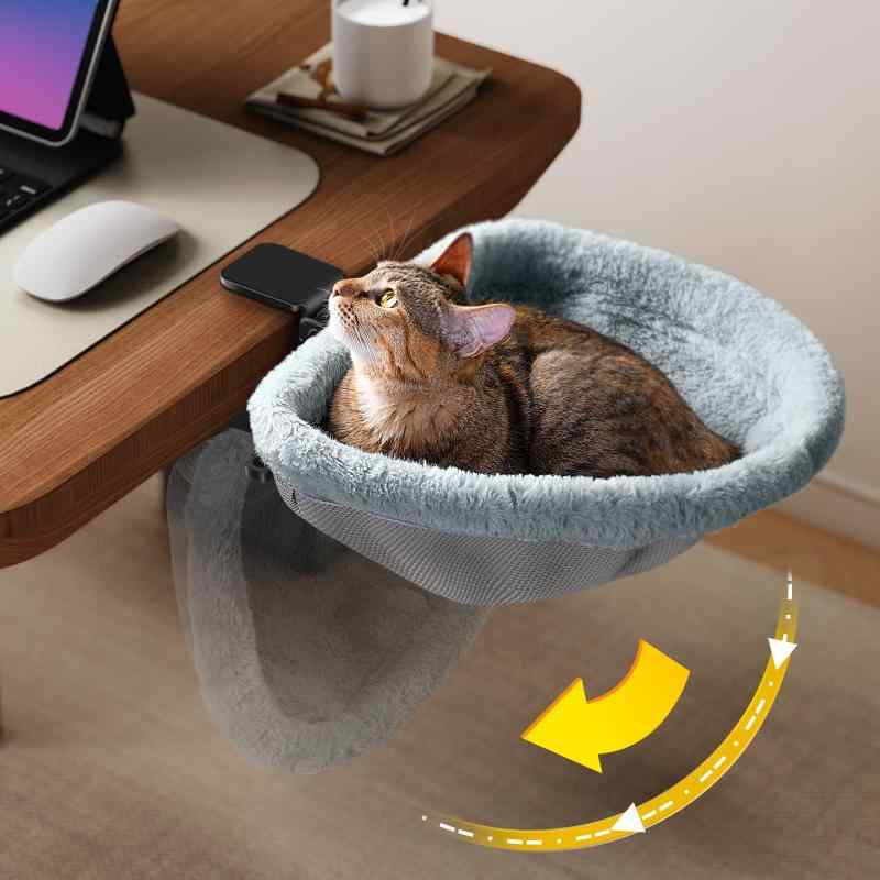 JUNSPOW 猫用ベッド ワンタッチ折りたたみ 沈むベッド 省スペースな半円形 ラビットファー素材採用（柔らかな感触）多様な机に適合 耐荷重18kg【ホームオフィス共存最適化】仕事効率アップ 新しい人とペットの共存スタイルを実現在宅勤務中...