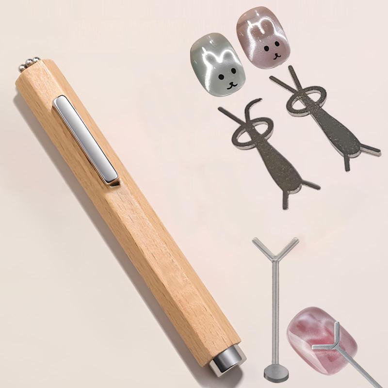 Refoiner マグネットネイル 磁石 強力3way磁石 棒 スティック 木製ハンドル付き キャッツアイ ジェルネイル ネイル用マグネット4点セット Y字ハート&amp;ウサギプレート付属 ネイルアート セル【3WAYヘッド × 多模様対...