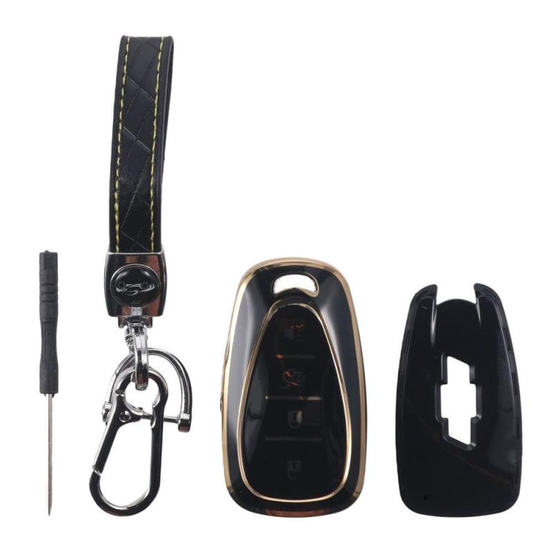 [Qicarkey] 4ボタンキーフォブカバーケース ソフトTPUプロテクターホルダー ゴールドトリムデザイン 車のキーフォブケース 360度フル保護カバー スマートキーホルダー カマロクルーズ用 カー