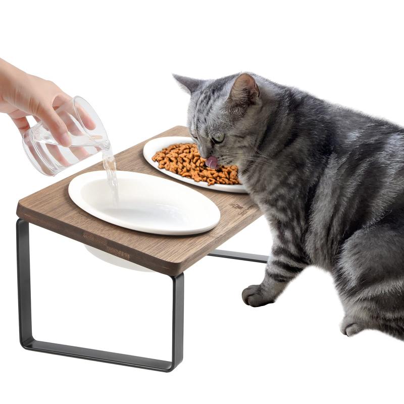 猫食器 ネコボウル ねこエサ入れ 餌台 食器スタント スタンド ねこ給食 ペット ボウル フード用 スタンド 竹製 ねこ ご飯台 陶製 フードボウル ダブル おやつ皿 小型犬 セラミック フード用 【猫間工学で15°斜めで設計】猫の自然な姿...
