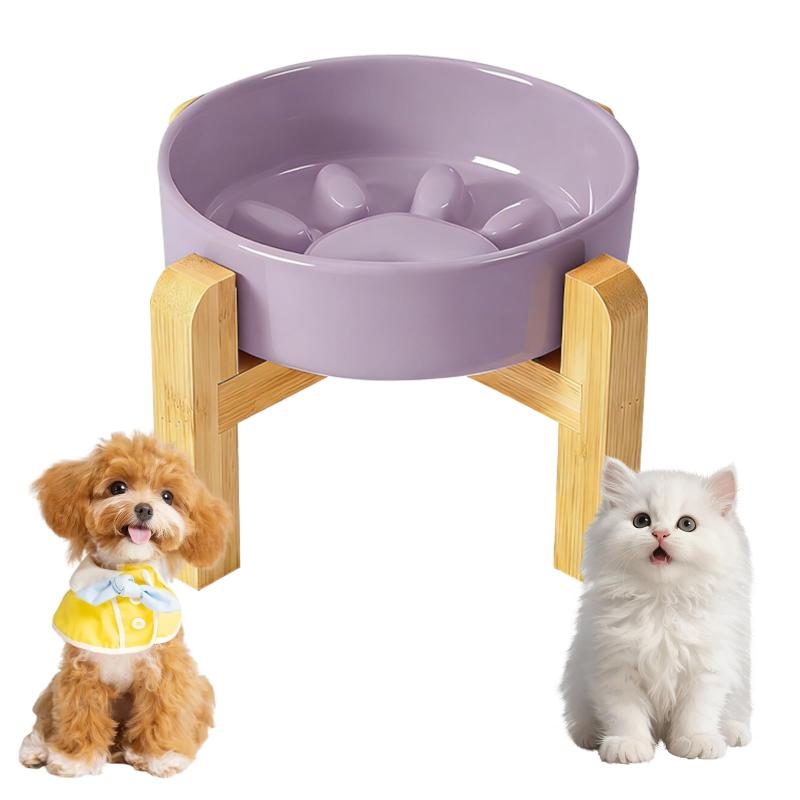 [RoSoki] ペット ボウル 猫 犬 陶器 早食い防止 フードボウル 高い木製スタンド付 フードボウル 陶器 早食い防止 ウォーターボウル 食器 過食を防 嘔吐を防ぐ ダイエット 肥満 餌入れ 水入れ