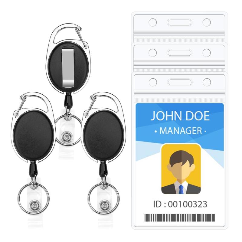 名札・ホルダー, IDカードホルダー 格納式バッジリール クリップ プラスチック 透明 pvc製 防水機能カラビナリールクリップ付きバッジホルダー，1Pcs カード Protector+3 余分キー ホルダーのカ【お得なセット内容】補強収納...