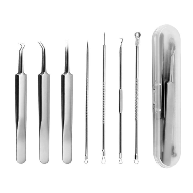 ニキビ潰し 角栓取り 毛抜き ニキビ取り 7本セット ピンセット 顔 スティック 収納ケース付き ニキビ針 抗菌ステンレス 黒ずみ 角栓除去 鼻ケア 毛穴ケア専用キット アクネ プッシャー ネイ【7本セット】ニキビ取りツールは色々な用途に適...