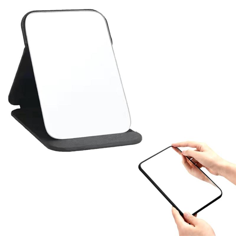 卓上鏡 折りたたみ式 スタンドミラー コンパクト ブラック PU レザーカバー 割れない 大きめ 角度調整自在 持ち運び便利 収納可能 化粧鏡 手鏡 男女兼用【コンパクト折りたたみ 持ち運び便利】軽量でかさばらない設計，バッグや引き出しに簡...