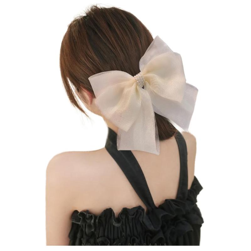 FASELE ヘアクリップ バレッタ メッシュ キラキラ 大き目蝶結び 優しい エレガント 森ガール 可愛い パール クリップ 髪飾り 髪留め 上品 ヘアアクセサリー おしゃれ 日常 結婚式 通勤 通学 パワンタッチでつけ外しができる手軽な...