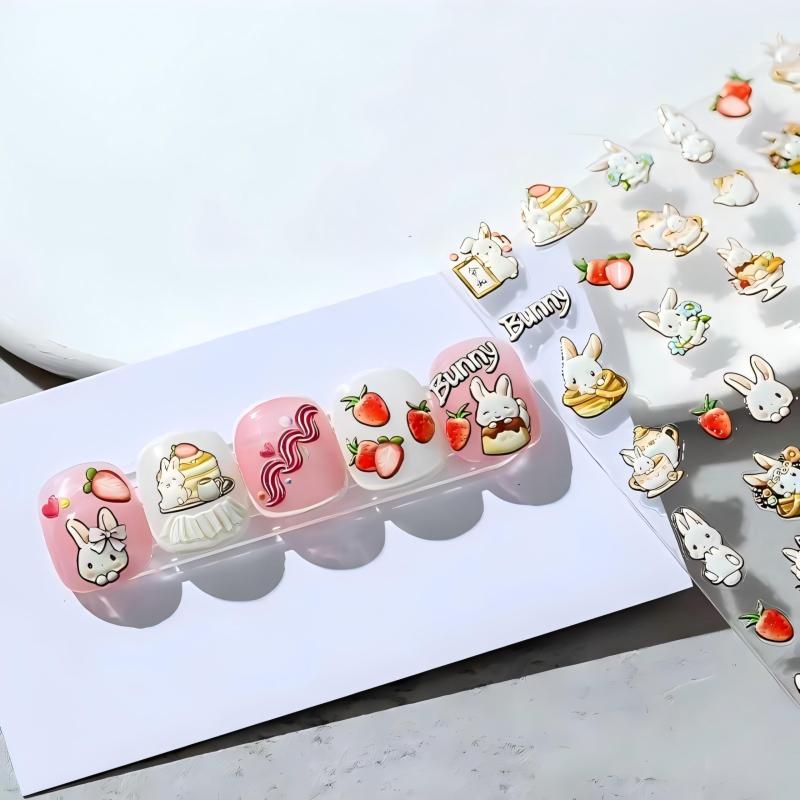 Dedyel 新しいかわいいバニー ネイルアート ステッカー デカール 5D エンボス加工 おとぎ話のバニー ストロベリー バニー ネイル アート ステッカー かわいい漫画のバニー 自己粘着性ネイル 💋【かわいいバニーネイル...