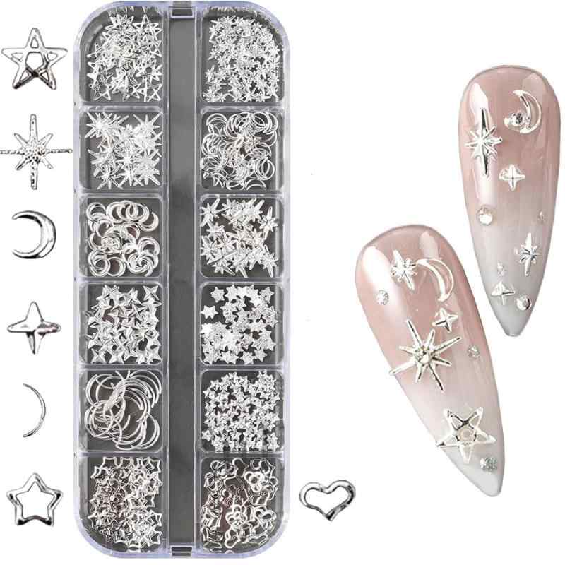 EOMECUIGAO ネイルパーツ スタッズ 3D 立体 星 月 ハート ススキ 四芒星 多種類 シルバー ジェルネイル ジュエリーパーツ DIY 手芸素材 ハンドメイドマルチスタイルの3 dネイルチャート—星、月、ハート、狐の尾、四重星な...