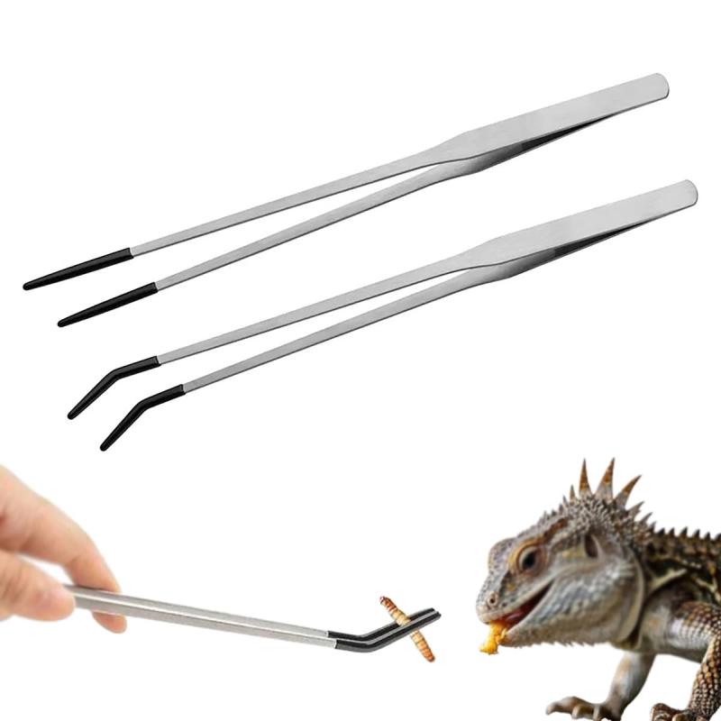 【FineGood】爬虫類 ピンセット ピンセット 万能 2 個セット ゴムチップ付きステンレス製 ストレート &amp; カーブ 頑丈エクストラロングピンセット トカゲ・亀・ヘビ・ツノガエルまで滑りな【高品質な素材】：ステンレス製の本体は...