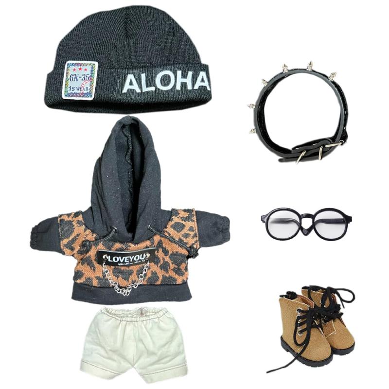 niannyyhouse　20cm ぬいぐるみ 服　ヒョウ柄スーツ　ストレッチ帽子　パーカー　半ズボン　アクセサリー　メガネ　靴　綿人形　アクセサリー　着せ替え1.適用ドールサイズ：約20cm綿人形（この服は、通常の体と肥満の体の両方で着用...