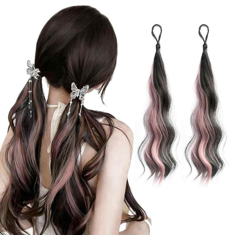 LIKENNY キッズ エクステ 子供用 ヘアエクステ 付け毛 ロング カール 三つ編み 耐熱 2本セット驚くほど映えるカラーメッシュ：鮮やかな差し色が髪全体に立体感をプラス。どんなヘアスタイルにもアクセントが入り、イベント写真が一気に華や...