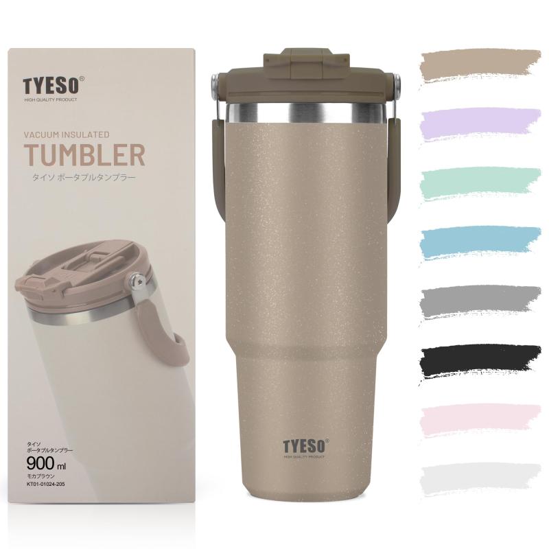 TYESO タンブラー ストロー付き 900ml 水筒 保冷保温 大容量 ステンレスボトル 蓋付き こぼれない ウォーターボトル 持ち運び 取っ手付 真空断熱 二重構造 広口 直飲み 漏れない アウトドア お[ワンタッチで開閉進化型キャップ...