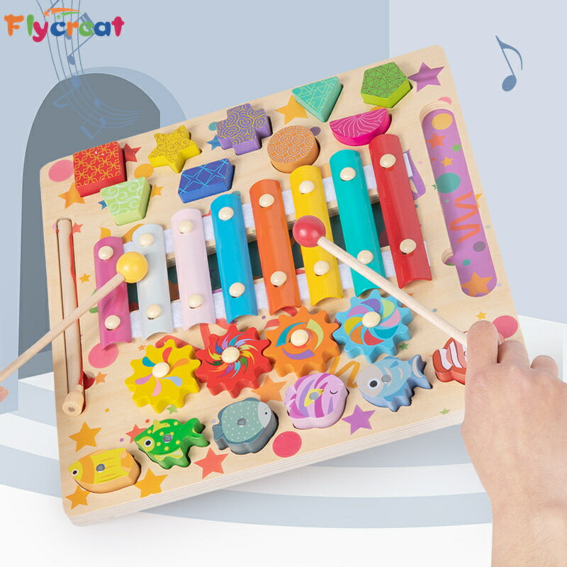 形と色の認識できるちいく玩具：円形、四角形、三角形、多辺形、星形など9種類の形状がセットして、勉強力がアップします。遊びながら集中力を養い、色彩の認識力を高めます。 音楽鉄琴：パズルの上に鉄琴が出ているので、それをバチで叩いて遊ぶこともでき...