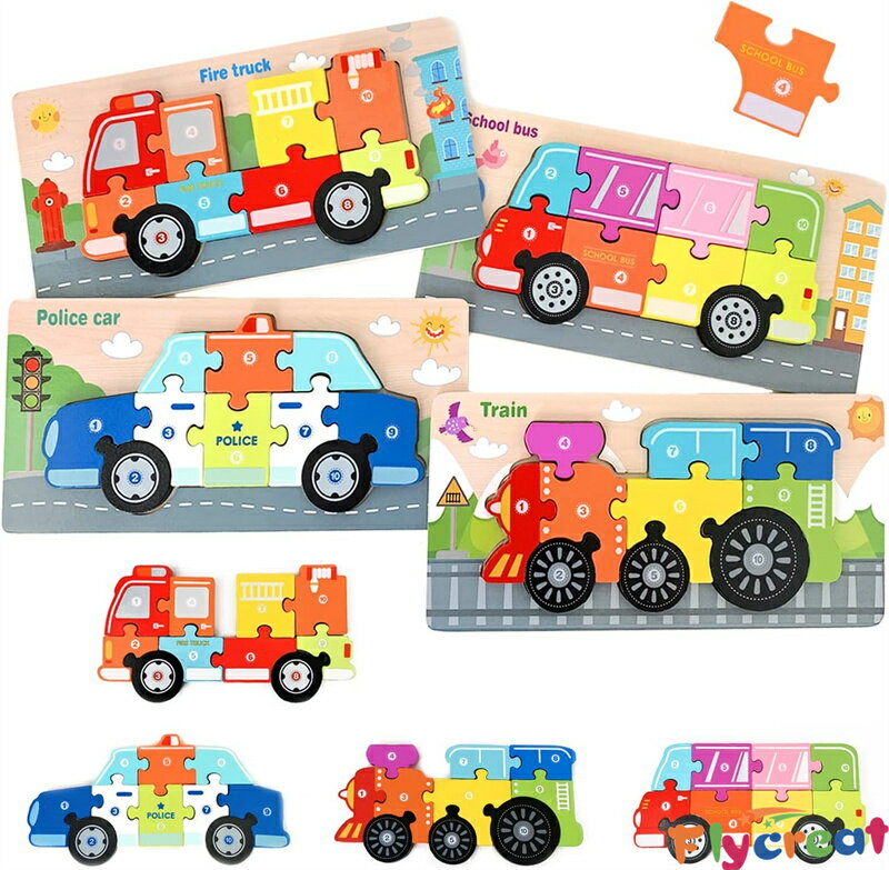 木製おもちゃ：天然の木を採用しています、投げでも壊れにくいで、長く使えるのが特徴です。また木の柔らかな音がとても心地よくて、楽しく遊んでくれるはず！ 6歳以上 セット内容：消防車・パトカー・列車・バスの4つのデザインがかわいい～～車が好きな...