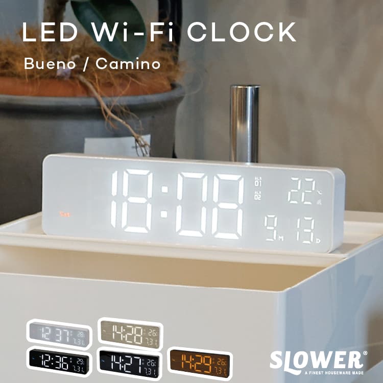 SLOWER LED Wi-Fi CLOCK Bueno（ブエノ）/ Camino（カミーノ） WiFi接続に対応し、時刻設定の手間を減らした、LED表示のデジタルインテリアクロック。 ■ Wi-Fiで自動時刻修正するデジタルLED時計 無...
