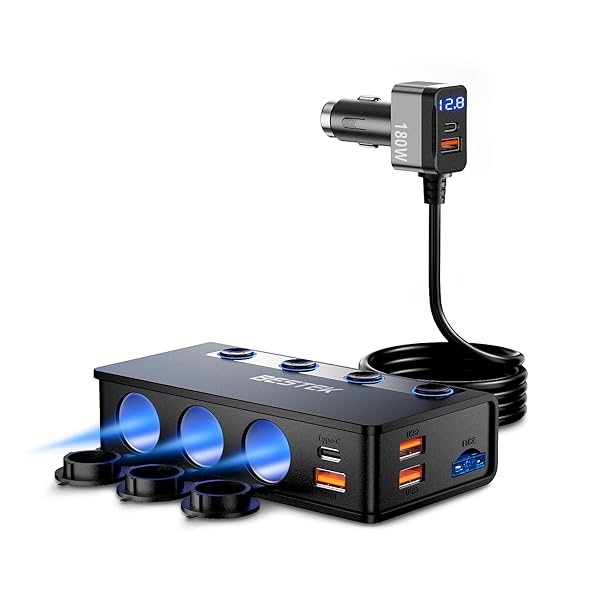 【送料無料】シガーソケット 180W 3連 車 USB 増設 カーチャージャ 車載充電器 シガーライターソケット 3ポート PD36W/65W・QC3.0 18W*4充電ポート搭載 急速充電 LED電圧・電流表示機能搭載、12V/24V車対...
