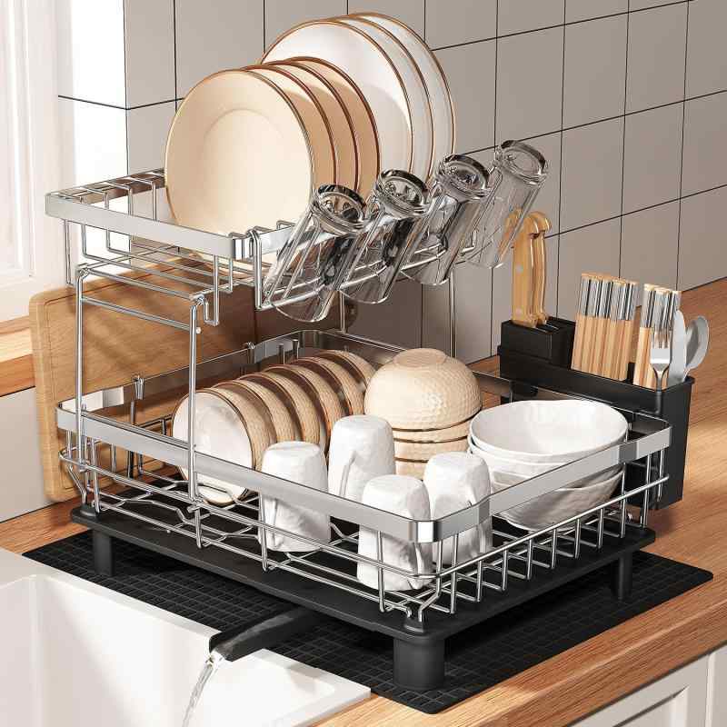 MAJALiS 食器 水切りラック シンク上 水切りカゴ ラック 台所 包丁スタンド 箸立て 自動排水 自然乾燥可能 組み立て簡単水切りラック