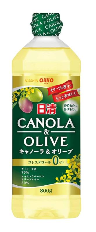 日清オイリオ 日清キャノーラ&amp;オリーブ 800g原材料：食用なたね油（国内製造）、食用オリーブ油商品サイズ(高さx奥行x幅):24.4cm×8.3cm×6.8cm