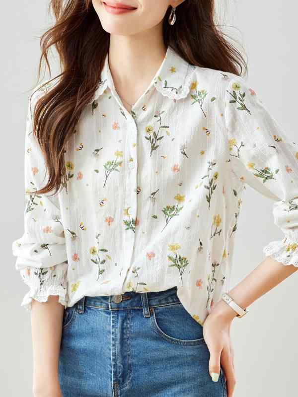 ・カテゴリ: シャツ・スタイル: 通勤・主な素材: 綿100%・柄: 花柄・袖丈: 長袖・袖型: 花びら袖・カラー展開: ホワイト・サイズ展開: M、L、XL、XXL・ネックライン: 襟付き・デザイン: ステッチ・フィット感: ストレート・...