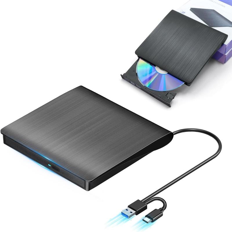 外付けDVDドライブ 高速処理 8XDVD&amp; 24XCD 光学ドライブ外付け 読取/書込可 バスパワー USB 2.0/3.0&amp;Type-C両接続 外付けCDドライブ (ブラック)