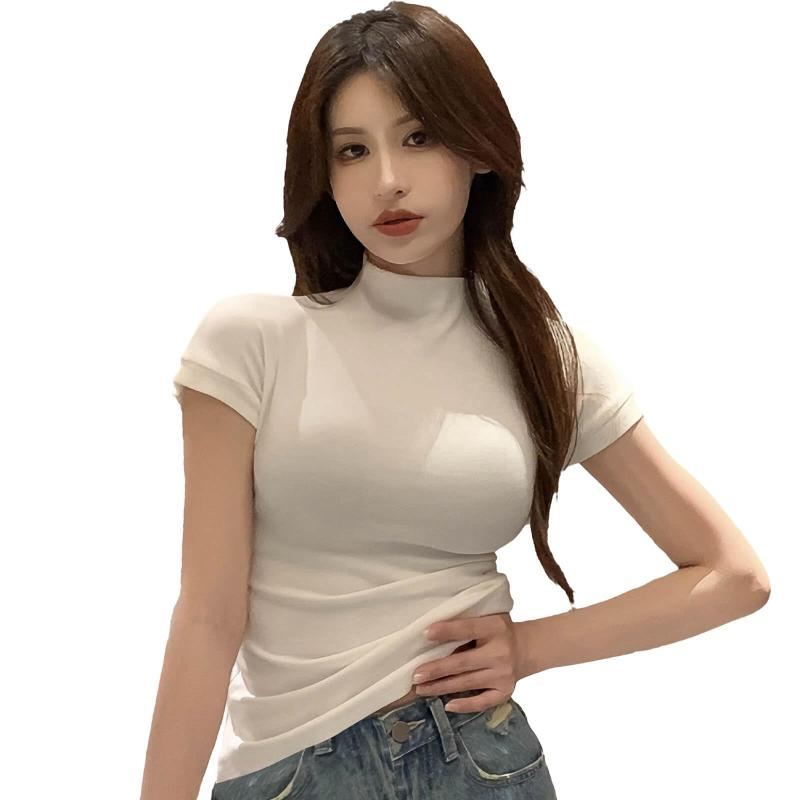 [fourfivesixはる] カットソー モックネック tシャツ レディース 半袖 トップス ハイネック 薄手 ストレッチ インナー シンプル フレンチスリーブ 肌触り良い 快適 痩せ 肌着 下着 重ね着 夏 (L, A💖...