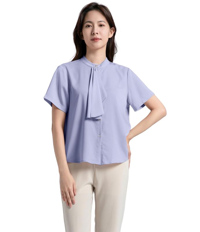 [SPRING SEAON] ボウタイブラウス 半袖 スカーフタイ レディース リボン きれいめ カットソー トップス オフィス ビジネス フォーマル スーツインナー 通勤 普段着 とろみ 大きいサイズ パープ【防シワ】長時間の座り仕事や洗...