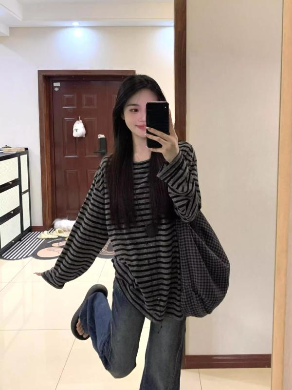 ・カテゴリ: Tシャツ・スタイル: 通勤風・柄: 条紋・袖丈: 長袖・ネックライン: 丸首・フィット: ゆったり・丈: 普通丈・カラー展開: 条紋・サイズ展開: S、M、L、XL