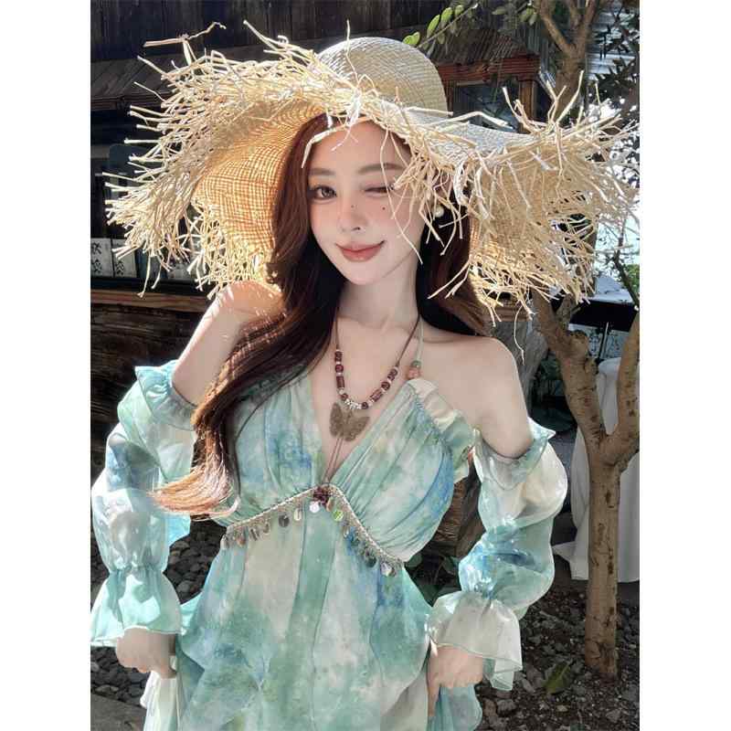 ・主な素材: 雪纺・柄: 花色・加工: 印染・組み合わせ: 単品・スカート丈: ロング・スカート型: アシンメトリー・ネックライン: Vネック・袖型: フリル袖・袖丈: 長袖・ウエスト位置: ミッドライズ・スタイル: ストリート・首元: プ...