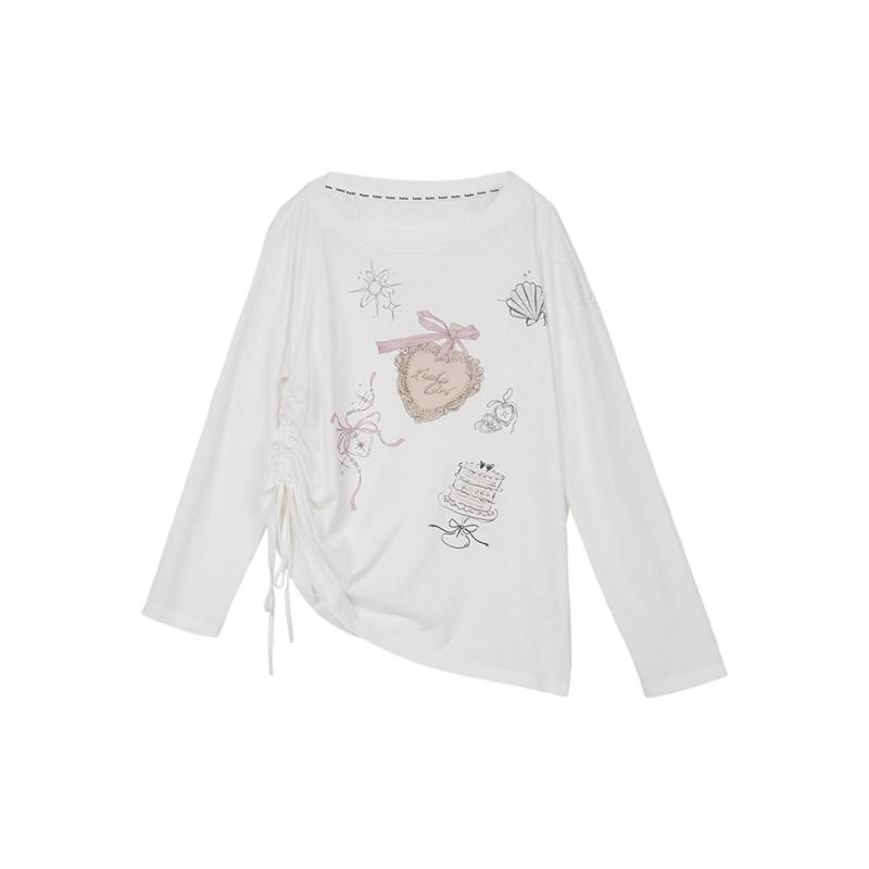 ・カテゴリ: Tシャツ・スタイル: 清新甜美、田園風・主な素材: 天丝（莱赛尔纤维）70%以上・ネックライン: 圆领・袖丈: 長袖・袖型: 常规袖・衣丈: 超短款（≤40cm）・カラー展開: 白色・サイズ展開: M、L、XL、2XL