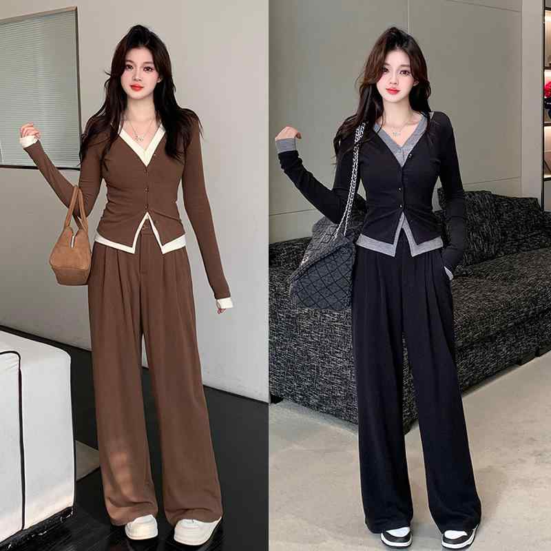 ・スタイル: 韓系風・カラー展開: ブラック、カラーブラウン・サイズ展開: M、L、XL、XXL、3XL・主な素材: ポリエステル70-80%・素材2: アセテート繊維30%以下・袖丈: 長袖・袖型: 通常袖・柄: ツートーン・パンツ丈: ...