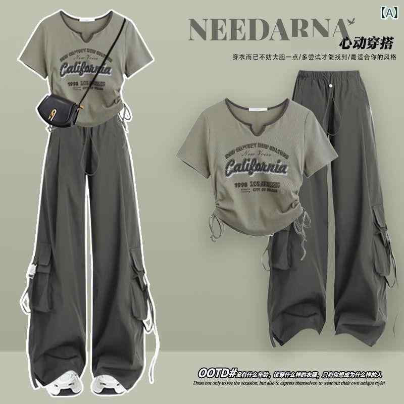 ・スタイル: 気質通勤、都市風・主な素材: ポリエステル95%以上・カラー展開: 豆緑Tシャツ+灰緑カーゴパンツ、単品豆緑Tシャツ、単品灰緑カーゴパンツ・サイズ展開: S(35-47.5kg)、M(47.5-55kg)、L(55-60kg)...