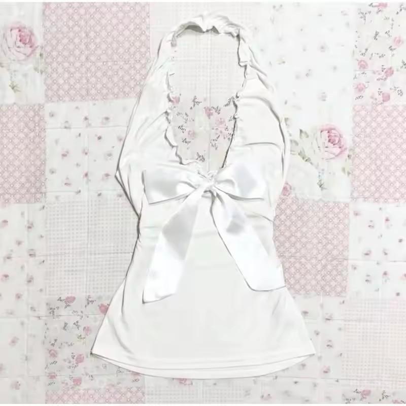 ・スタイル: 純欲風・版型: 修身型・衣長: 普通款・柄: 純色・流行要素: 蝴蝶结 露背・主な素材: ポリエステル・カラー展開: 白色、粉红色、黒色・サイズ展開: S、M、L・主素材含有率: 90%～95%・肩帯スタイル: 挂脖肩带