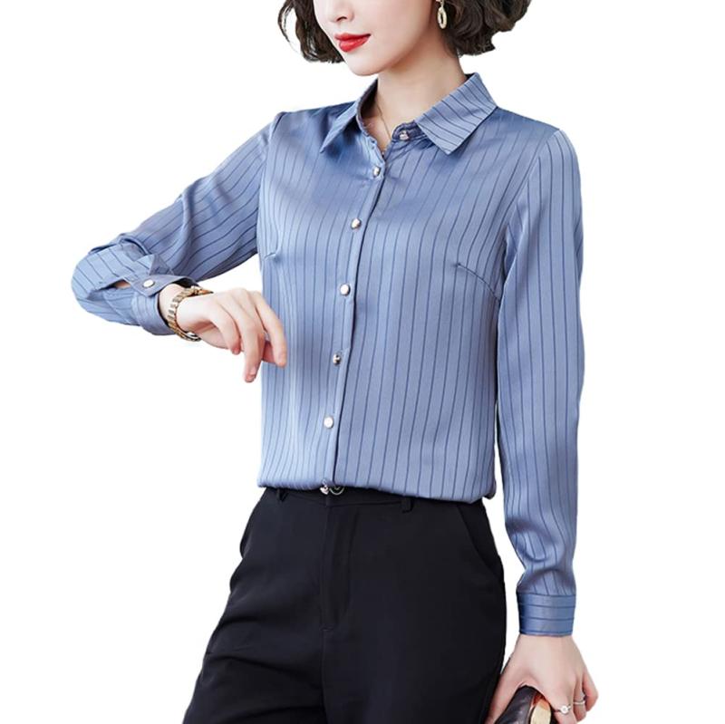 [Bolan　Verl] 【S-4XL】レディース ワイシャツ ストライプ カッターシャツ 長袖 サテン シャツ ノーアイロン オフィス ブラウス 大きいサイズ 光沢 着痩せ 春 秋 冬 通勤 ビジネス 爽やかなストライプ柄が印象的な長袖ブ...