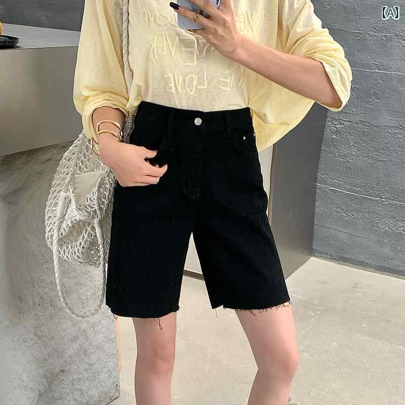 ・カテゴリ: 牛仔パンツ・スタイル: 直筒型・主な素材: 綿70-80%、レーヨン30%以下・パンツ丈: 5分丈・腰型: 高腰・厚み: 薄手・流行要素: 破洞・カラー展開: ブラック・サイズ展開: 26,27,28・伸縮性: 中程度・加工: 水洗