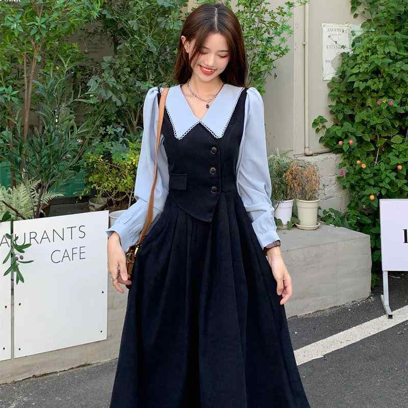 ・カテゴリ: 連衣裙・スタイル: 清新甜美、少女风・主な素材: ポリエステル80-90%・袖丈: 七分袖・スカート丈: ミドル丈・スカート型: 拼接裙・ウエスト: 高腰・パターン: 其他・プロセス: 拼接・カラー展開: ブラック、ブルー、ブ...