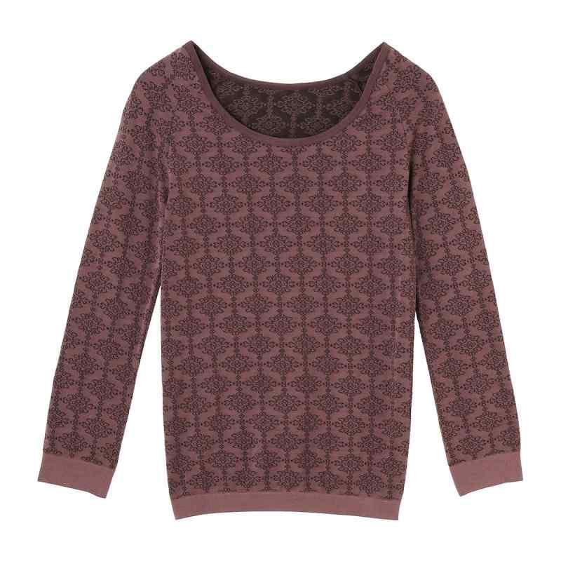 [アツギ] 着るタイツ オーナメント柄 8分袖あったかインナー Uネック 48765NS脇に縫い目がない成型静電防止加工Uネックナイロン成型